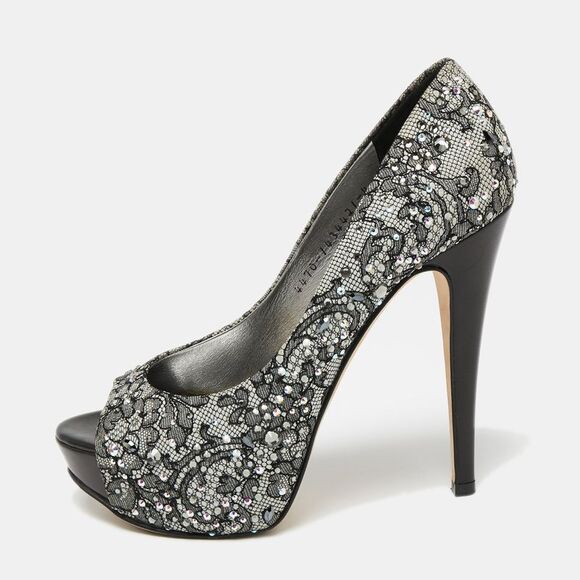 Gina | Shoes | Gina Greyblack Lace Crystal Embellished Open Peep ...